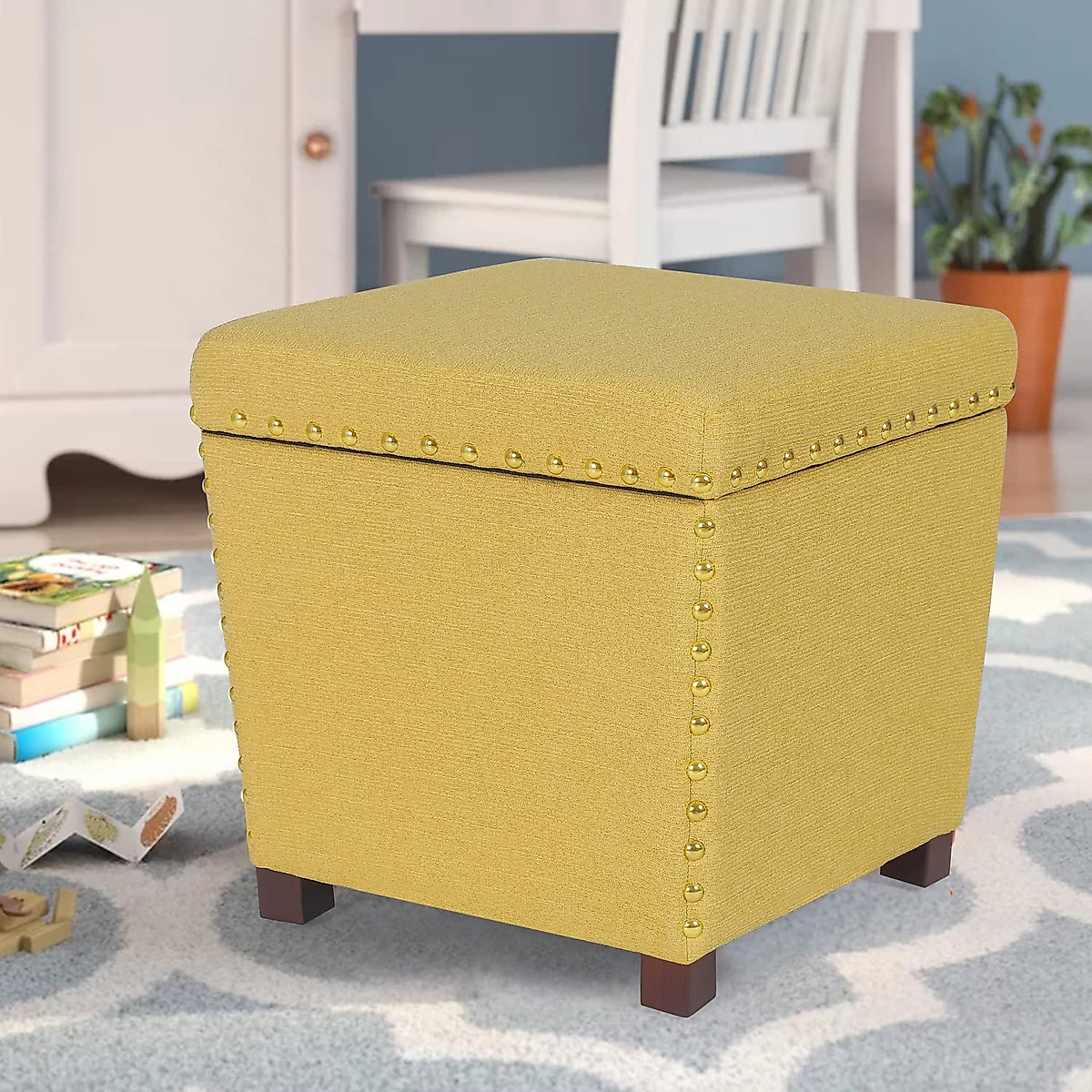 Adeco Square Storage Ottoman with Hinged Lid, Modern Accent Bench Footrest Stool, Coffee Table for Living Room Bedroom,Yellow Large