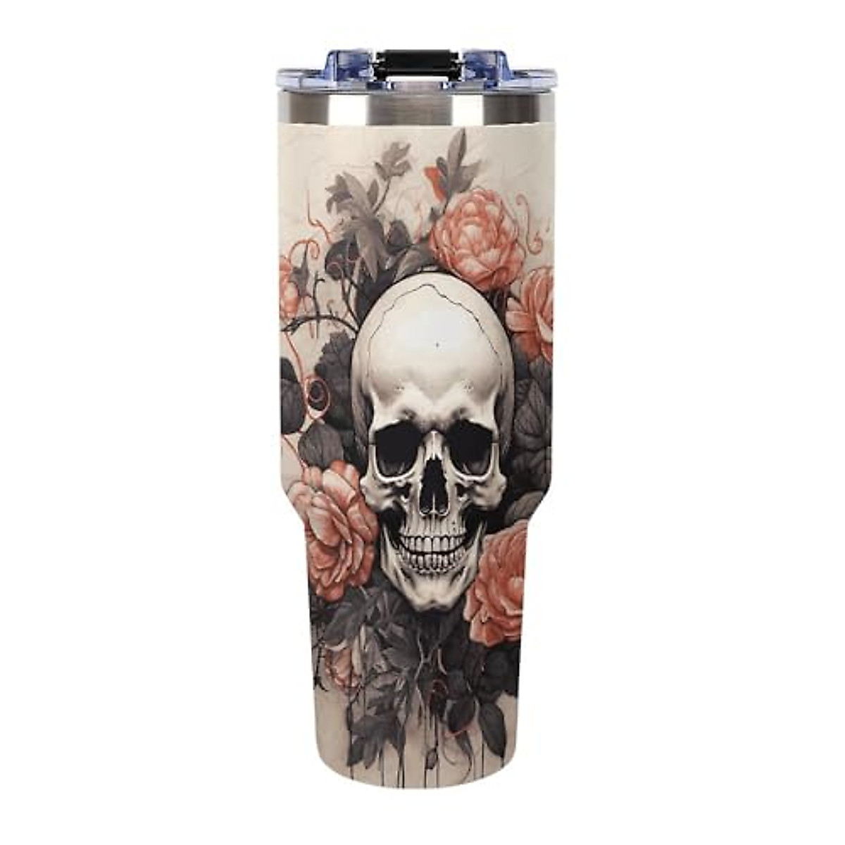 LLUTSNTH 40 Oz Vacuum Tumbler with Black Handle Leakproof Insulated Tumbler Ancient Skull And Flowers Stainless Steel Travel Mug with Lid And Straw Coffee Cup Cute Water Bottles Cup Holder Friendly