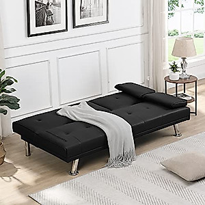 MOEO Convertible Folding Faux Leather Futon Sofa Bed, Modern Lounge Couch with 2 Cup Holders Removable Soft Armrests and Sturdy Metal Legs for Home, Living Room, Black