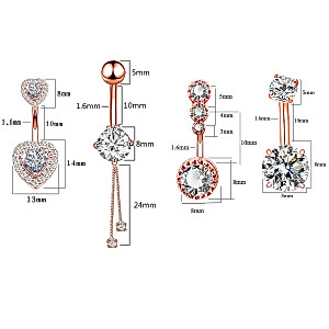 14G Surgical Steel Belly Button Rings Round/Love Heart Clear CZ Navel Curved Barbell Studs Sexy Body Piercing (4PCS - Rose Gold)