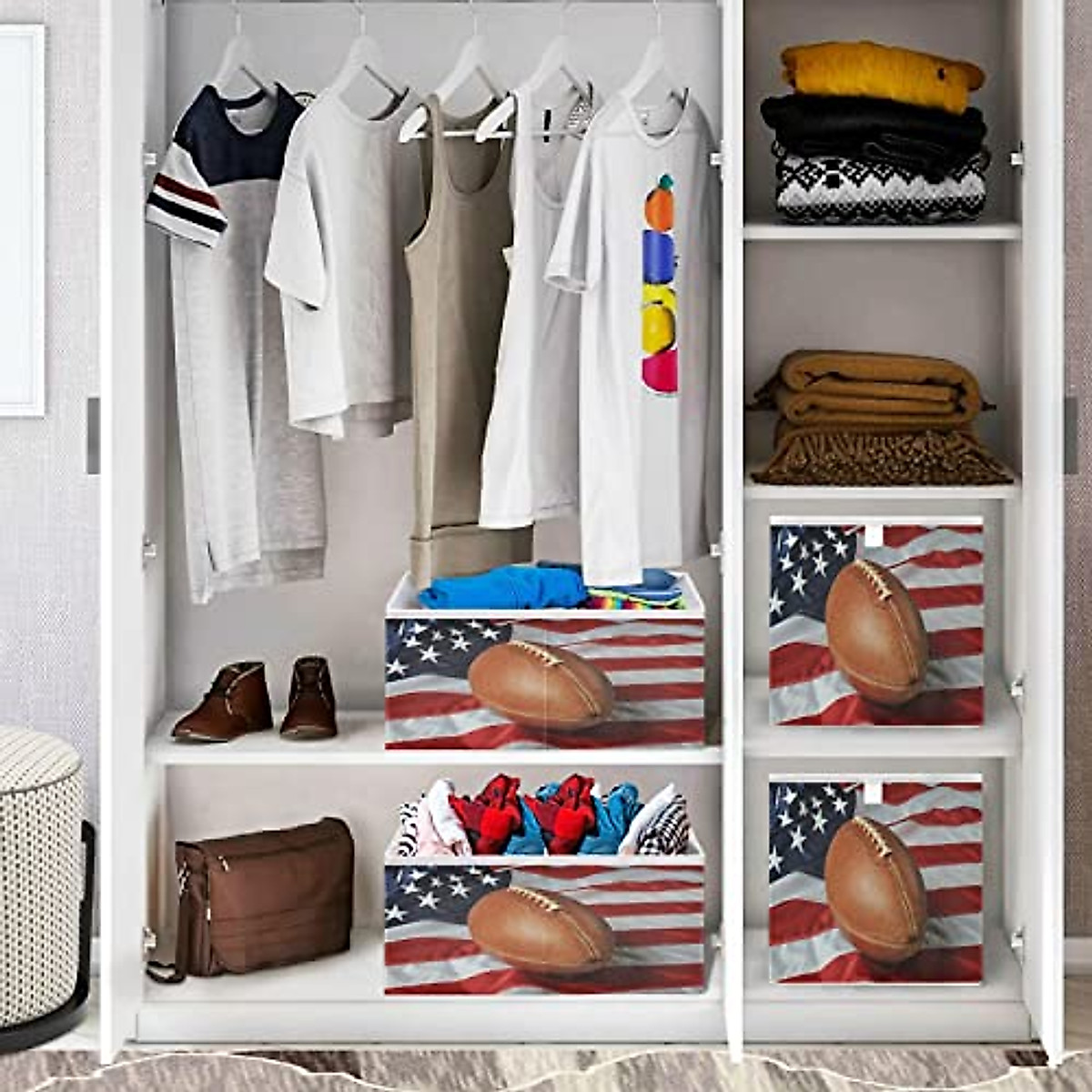 visesunny Closet Baskets Football Usa Flag Storage Bins Fabric Baskets for Organizing Shelves Foldable Storage Cube Bins for Clothes, Toys, Baby Toiletry, Office Supply