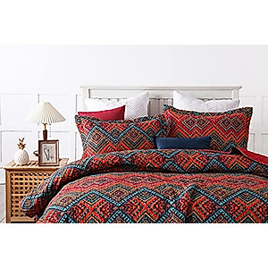 Yvooxny Quilt Set Queen Size Bedspread Bohemian Style Lightweight Cotton Quilted Coverlet Bedding Set for All Seasons, Boho Red Jacquard Pattern, 90 * 98 Inches
