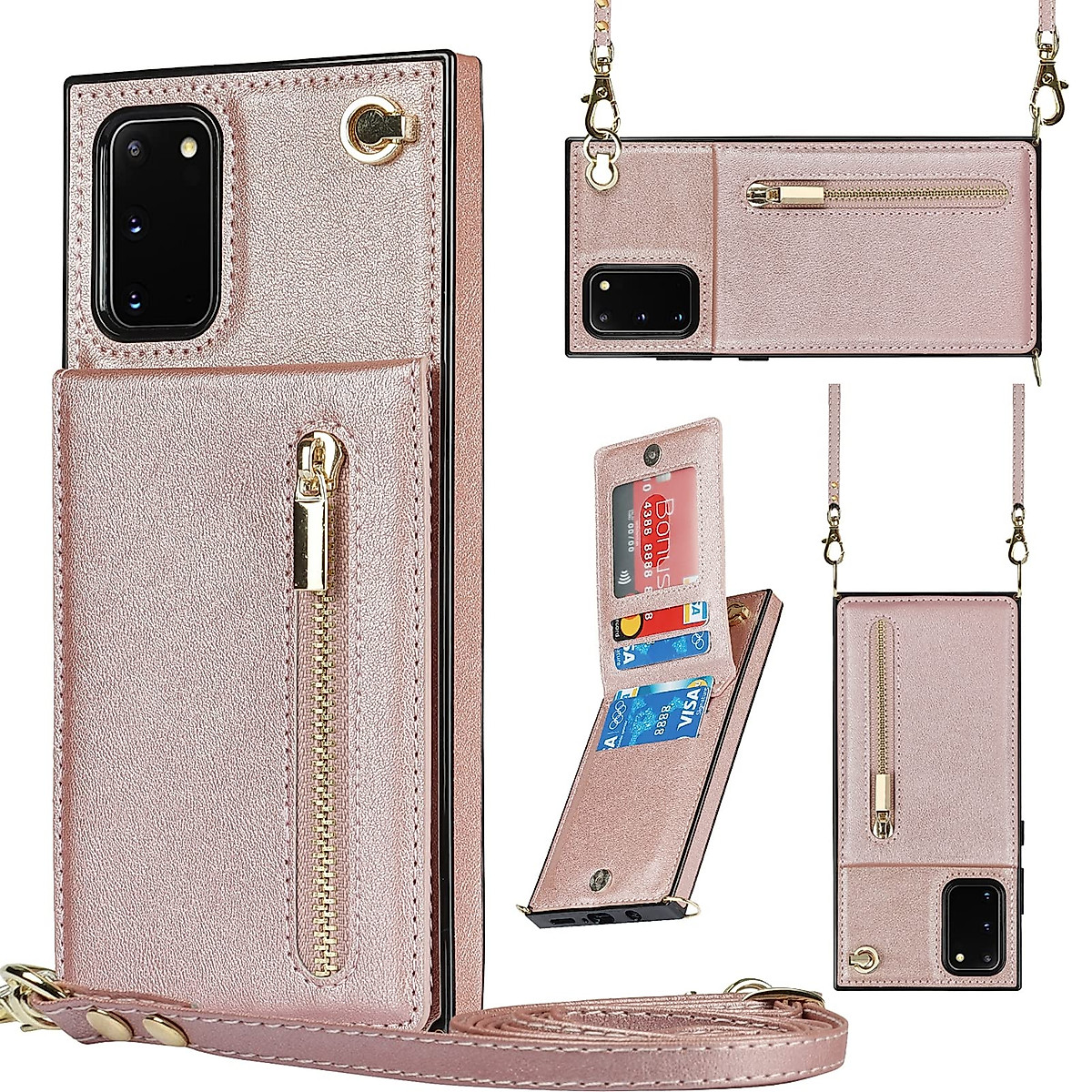 Jaorty Crossbody Case for Samsung Galaxy S20 FE 5G Case with Card Holder,6.5" (NOT for S20) Galaxy S20 FE 5g Phone Case Wallet with Strap for Women, Credit Card Slots Cases Lanyard Kickstand,Rosegold