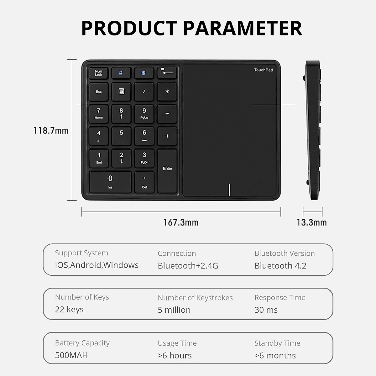 Yoidesu 22 Keys Numeric Keypad with Touchpad, 5.0/2.4G Touch Pad Number Pad, Type C Portable Numpad Financial Accounting with USB Receiver for Laptop