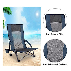REDCAMP High Back Beach Chairs for Adults 2 Pack, Oversided Folding Low Beach Chairs for Concerts, Lightweight Portable for Camping Backpacking Outdoor Sports Events, Navy