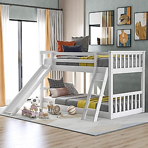 Harper & Bright Designs Low Bunk Beds with Slide, Solid Wood Twin Over Twin Bunk Beds Frame with Ladder, Safety Guardrail, Twin Size Floor Bunk Bed for Kids, Teens, White