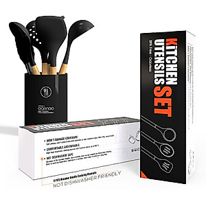 Silicone Cooking Utensils Set - 446°F Heat Resistant Silicone Kitchen Utensils for Cooking,Kitchen Utensil Spatula Set w Wooden Handles and Holder, BPA FREE Gadgets for Non-Stick Cookware (Black)