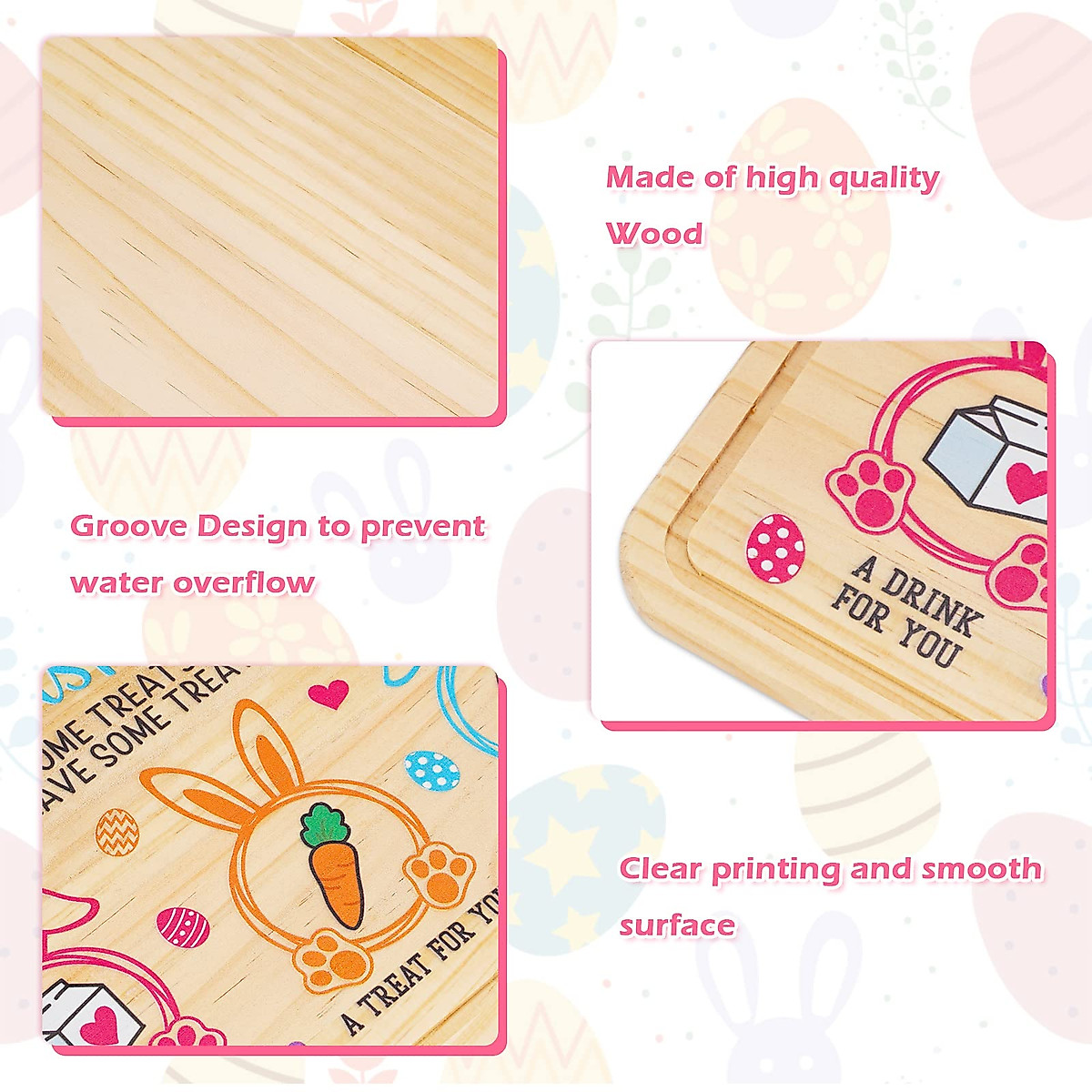 Whaline Easter Cookie Plate Dear Easter Bunny Wooden Cookie Tray Easter Egg Carrot Drink Wooden Treat Plate Rectangle Easter Tray Bundle for Easter Gifts Decoration Supplies, 11.8x7.8 Inch