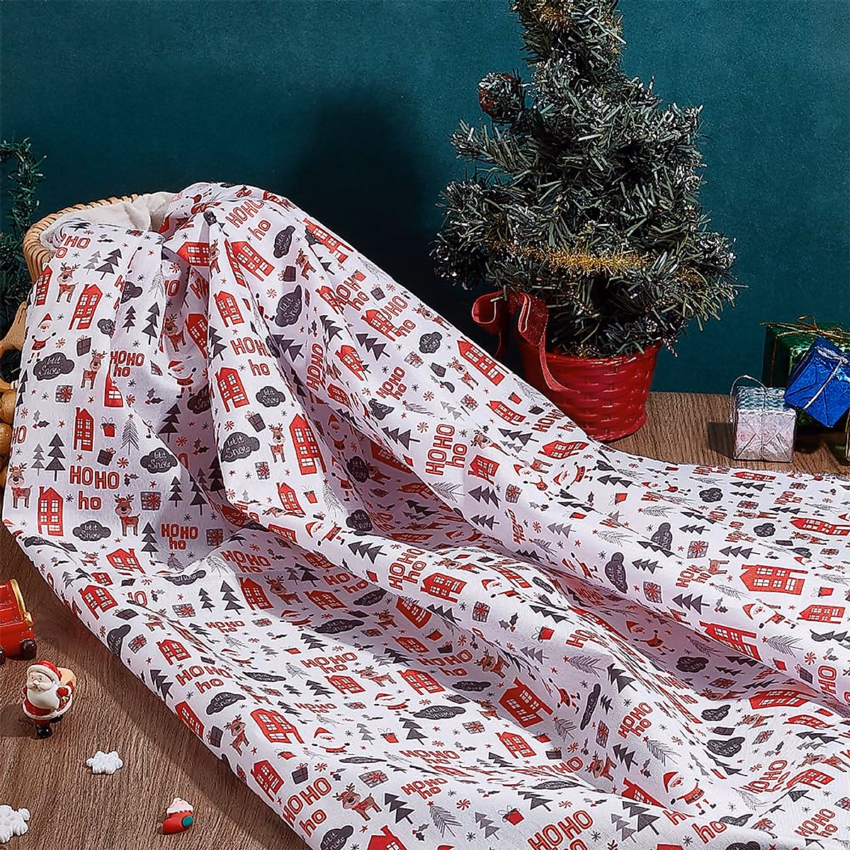 PH PandaHall Christmas Fabric 59 Inch Wide Xmas Santa Upholstery Fabric Christmas Tree Reindeer Decorative Fabric Waterproof Cartoon Indoor Outdoor Fabric for Gift Packing Christmas Red 1 Yard