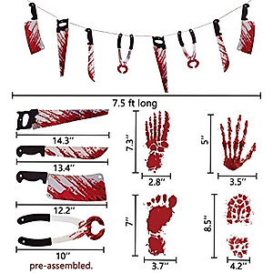 Halloween Decorations Set - Bloody Backdrop & Garland Banner & Footprints Handprints Floor Clings Decals - Zombie Vampire Party Supplies Garage Yard Outdoor Indoor Decor