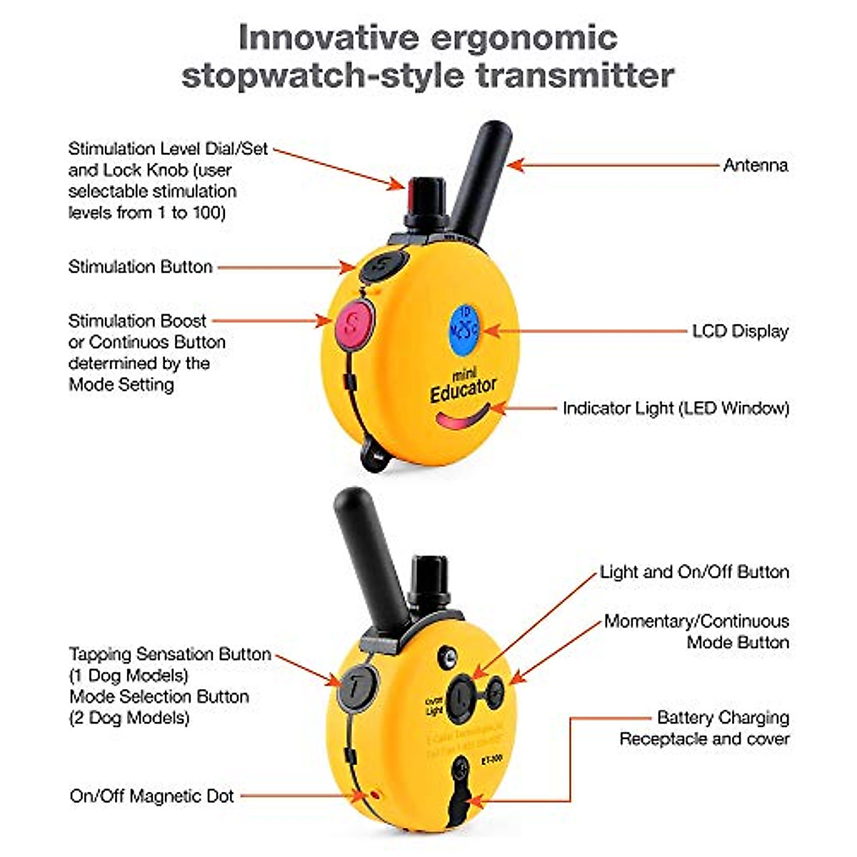 Educator E-Collar Humane Dog Training Collar with Remote, Features 100 Levels of Safe Stimulation, Tapping Sensation, Night Light, Waterproof, Rechargeable, 1/2 Mile 1 Dog, Yellow