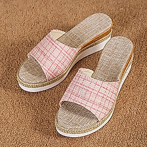 Womens Platform Wedge Sandals Espadrilles Braided Open Toe House Slippers Slip On Summer Mule High Heels Slippers (Pink, 6.5)