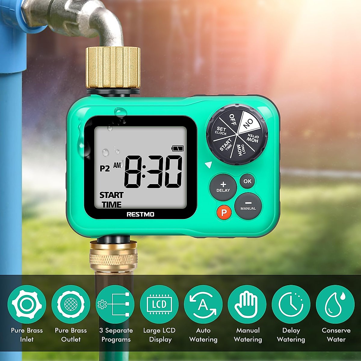 RESTMO Sprinkler Timer with Brass Inlet & Outlet, 3 Separate Programs Hose Timer, Programmable Water Timer for Garden Hose, Manual | Rain Delay | Automatic Watering System for Drip Irrigation and Lawn