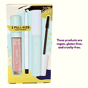 Tarte Cosmetics Tarte Sea Surfer Curl Clean Must-Haves Makeup Set, Sea Surfer Curl Black Volumizing Mascara, Waterproof Gel Black Eyeliner, Sea H20 Lip Gloss in Calm - Sheer Pale Pink 3 Piece Set