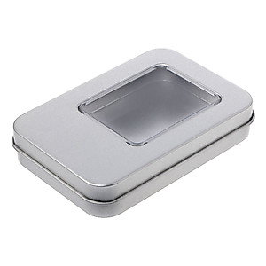 HELYZQ Rectangular Tin Silver Storage Box Case Organizer with Half Clear Window Lid