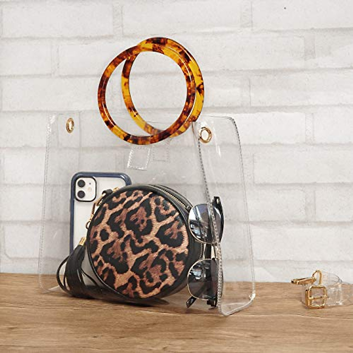 Round Handle Clear Handbag Women PVC Tote tortoiseshell Top Handle Bag (Square)
