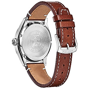 Citizen Men's Eco-Drive Weekender Garrison Field Watch in Stainless Steel with Brown Leather strap, Blue Dial (Model: BM6838-17L)