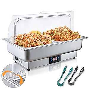Electric Chafing Dish 9 QT Adjustable 0°C~100°C Roll Top Half Size Auto ShutOff Stainless Steel Buffet Servers and Warmers, Temp Display Programmable Food Warmer Transparent Lid Chafers for Catering