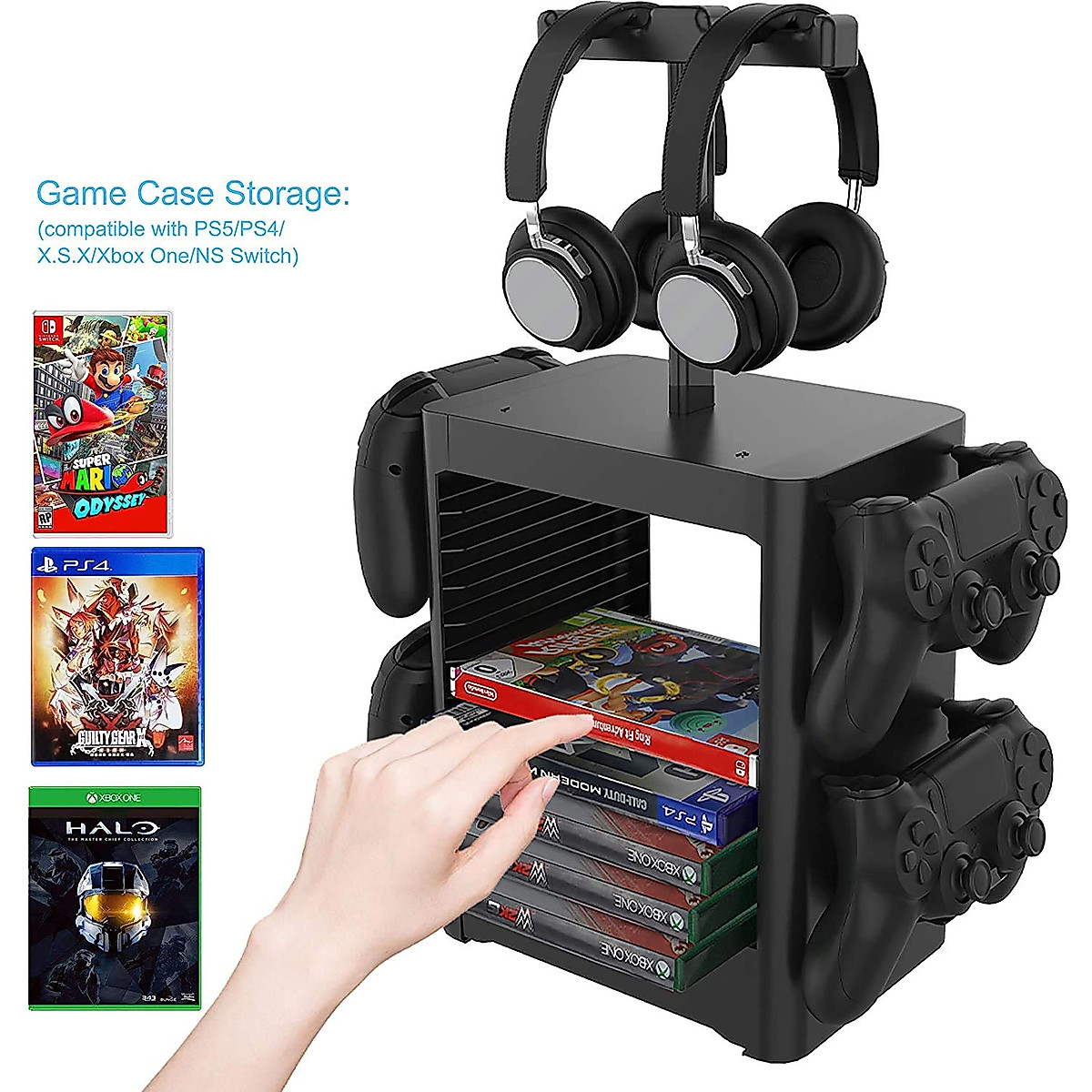 Wedorat Xbox Series X/PS5/Switch Multifunctional Game Disk Storage Tower Holder for PS5 Console, Game Disk Rack and Controller/Headset Stand Holder Compatible with Xbox Series X/Switch/PS5 Black