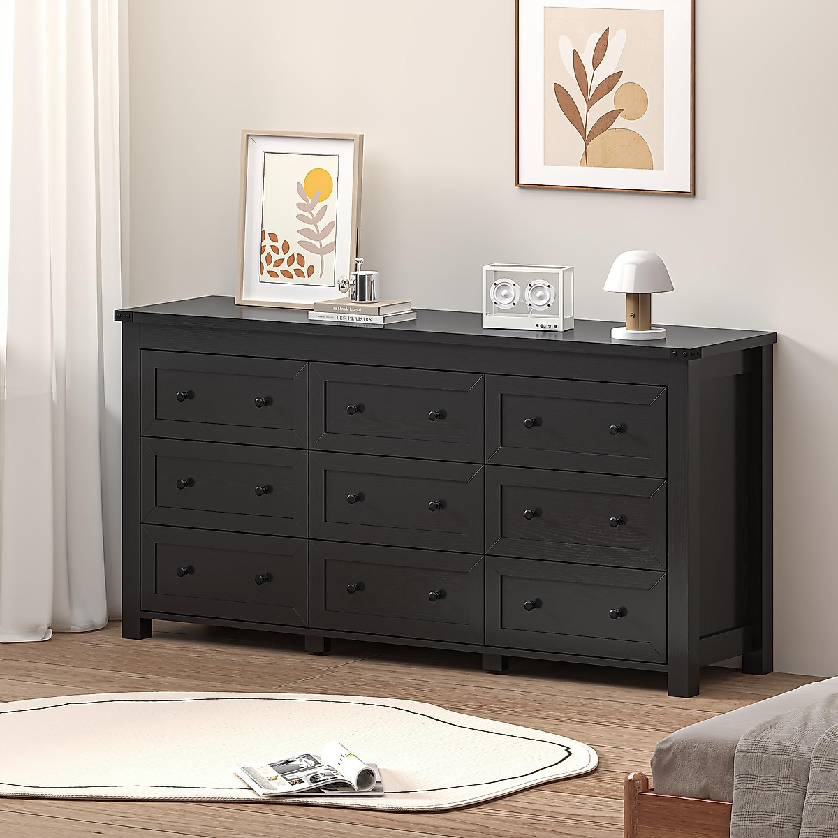 BORNOON 9-Drawer Dresser for Bedroom, Modern Wide Chest of Drawers, Wooden Storage Organizer for Closet, Living Room, Entryway, Home Office, Black Dresser with Ample Storage (Black)