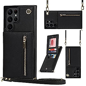 DEFBSC Wallet Case for Samsung Galaxy S22 Ultra,PU Lanyard Neck Strap Case with Kickstand Zipper Wallet Card Holder, Adjustable Detachable Necklace Phone Protective Back Cover-Black
