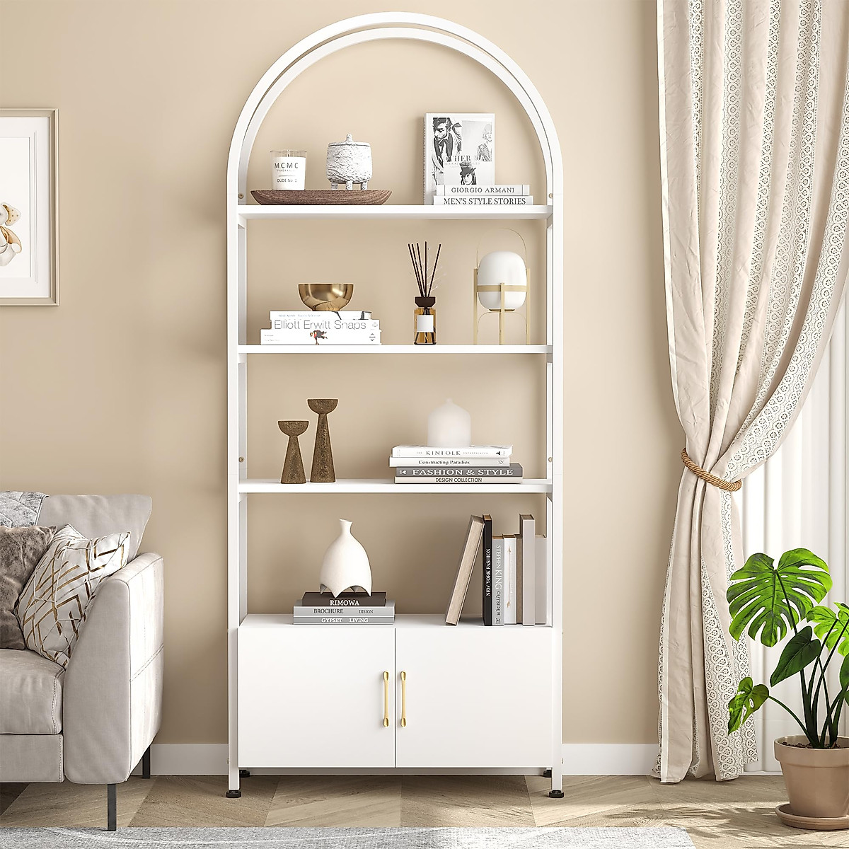 GarveeHome Arched Bookshelf, Modern Bookcase with Doors Storage, 71.5" Tall Freestanding Book Shelf with Studry Metal Frame, 4-Tier Arched Bookcase, Display Rack Shelf for Office,Bedroom, White