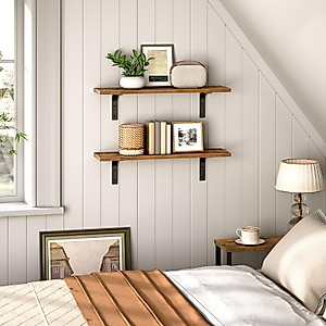 HOOBRO Floating Wall Shelves, 15.4 Inch Floating Shelves Set of 2, Wall Mounted Shelf Storage Shelves with Metal Brackets, for Living Room, Bedroom, Study, Bathroom, Rustic Brown and Black BF42BJP201