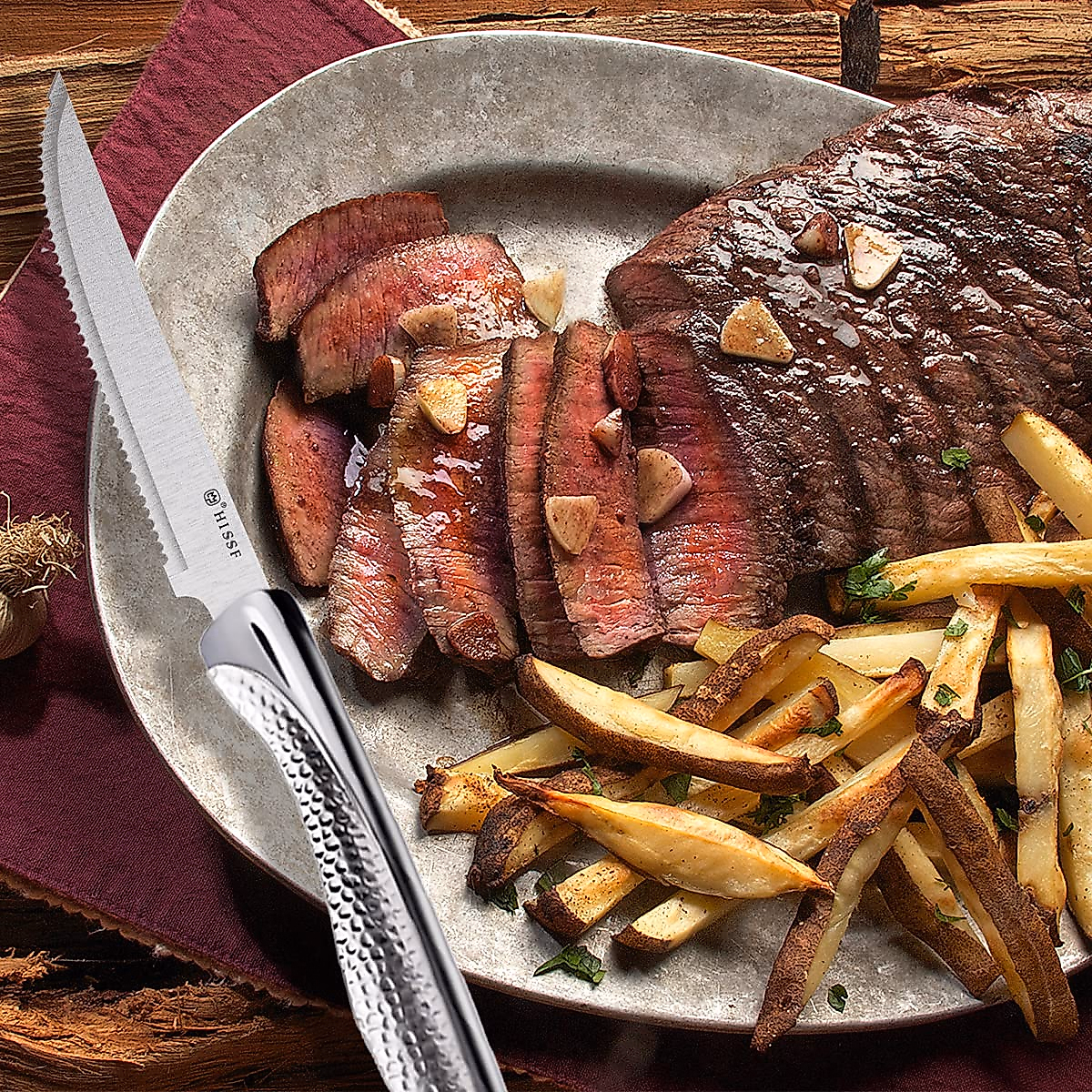 HISSF Serrated Steak Knives, Stainless Steel Sharp Blade Flatware Steak Knives Set of 6, Unique Hammered Pattern Hollowed Handle,4.5 In,For Kitchen Restaurant Tableware, Dishwasher Safe