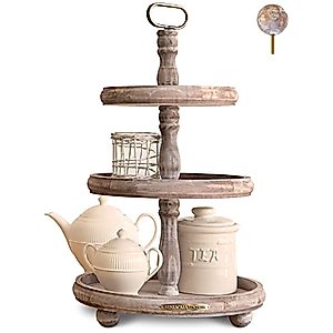 SensaCasa 3 Tier Tray - Farmhouse Three Tiered Tray Vintage – Rustic Brown Wooden 3 Tiered Tray Stand – 3 Tier Serving Trays - Farmhouse Kitchen Decor – Wood stand Deluxe Edition