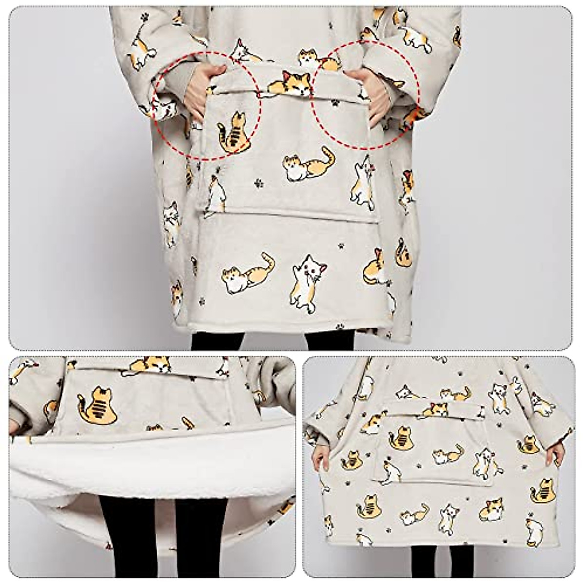 KFUBUO Wearable Blanket Hoodie for Adults Sherpa All Patterns Cat Oversized Sweatshirt Blanket with Pockets for Women