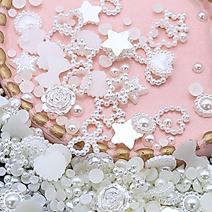 RODAKY 500Pcs Creamy-White Pearls Heart Nail Charms Cute Assorted Flatback 3D Pearls Stars Flowers Bowknots Nail Art Charms Material Embellishments for Nail Art DIY Crafts Accessories