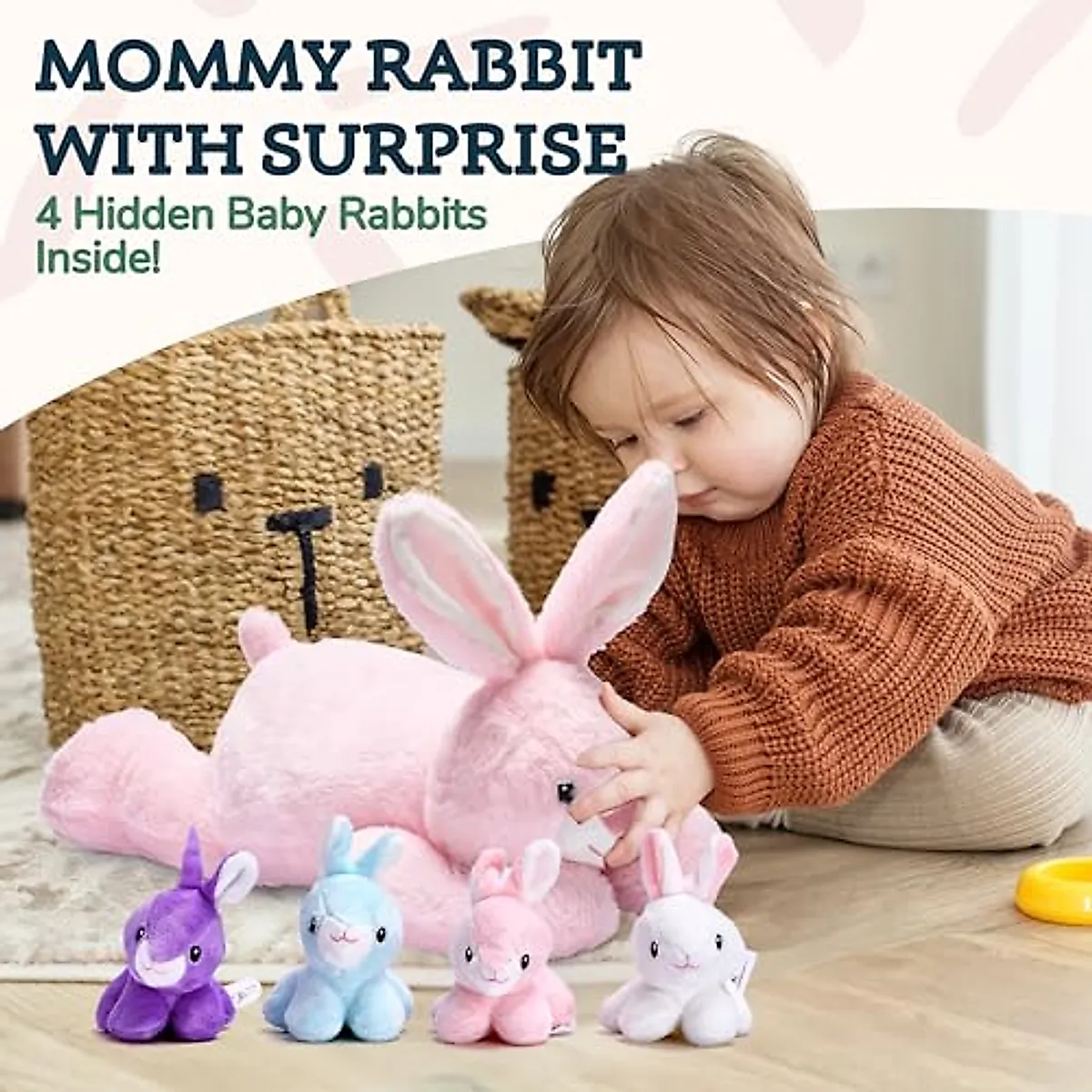 Snug A Babies Bunny Stuffed Animals with Babies Inside - Mommy and 4 Baby Rabbit Plushes for Imaginative Play - Soft Cuddly Companion for Kids - Stuffed Animals for Girls Ages 3 to 8 Years