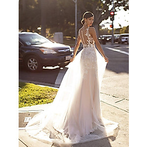 Noras dress Women's Lace Sheer Neck Wedding Dresses for Bride Flowy Tulle Wedding Bridal Gowns White 2