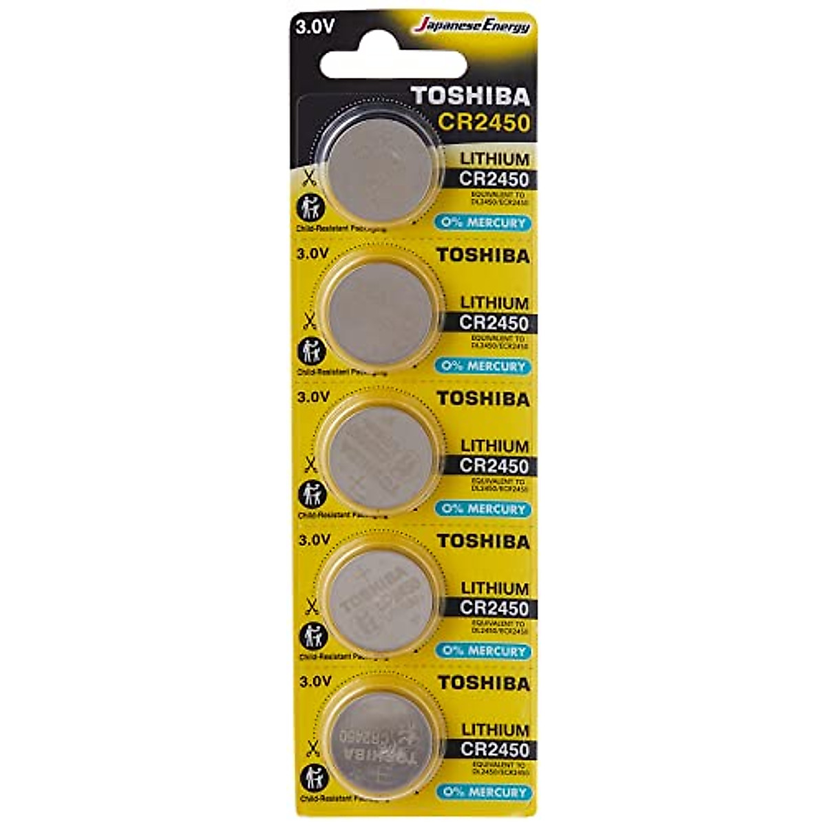 TOSHIBA CR2450 3V Lithium Coin Cell Battery 5 Batteries in Strip Child-Resistant Packaging