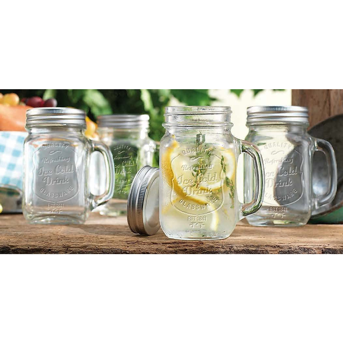 Glaver's Mason Drinking Jars – Set of 4, 16 Oz Clear Glass Jar with Handle and Lid. – Ice-Cold Drink Glassware Logo – Glass Mugs Ideal for Cold Beverages, Juice, Smoothie, Cocktails.