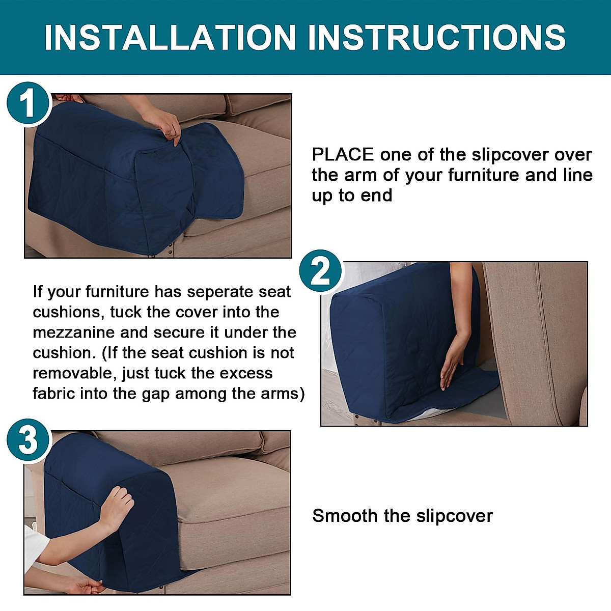 Turquoize Waterproof Armrest Covers for Chairs and Sofas Armrest Covers Couch Arm Covers for Sofa With Side Pocket Anti-Slip Furniture Protector Washable Armrest Slipcovers Set of 2, Navy