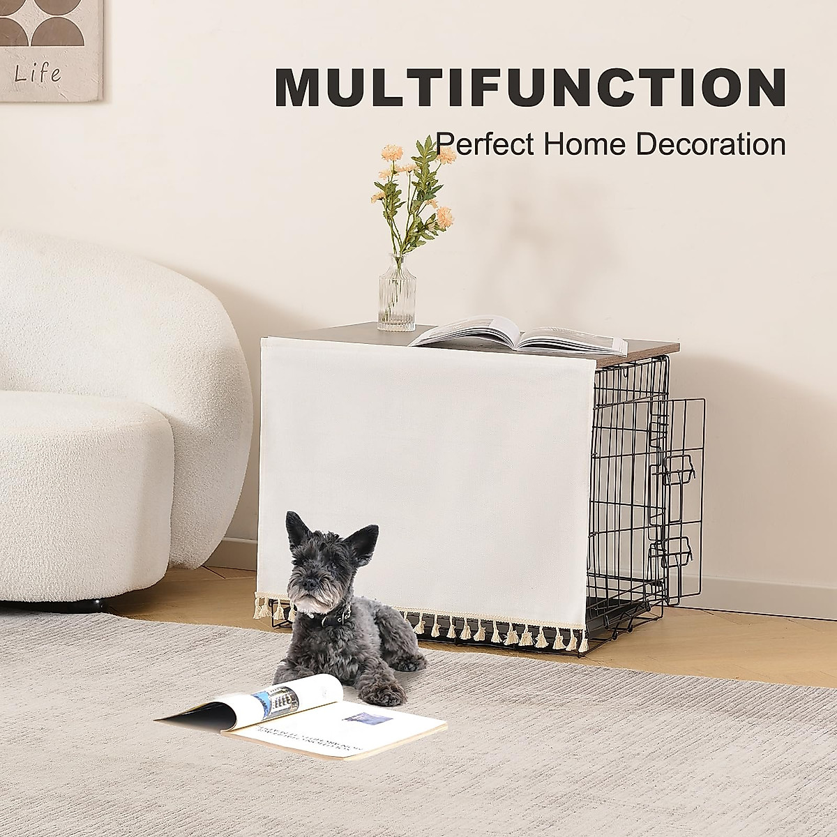 VIE DE AMAN Dog Crate Topper Wood for 48 42 36 24 inch Cages, Dog Crate Table Topper with Tassel Curtain, Rustic Style Dog Kennel Topper, Rustic Brown(Dog Crate Not Include)