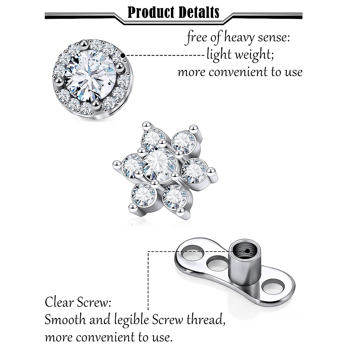 Uqnwbdq Dermal Piercing Jewelry Dermal Top Dermal Anchor Dermal Jewelry kit Dermal Base Jewelry 316L Surgical Stainless Steel Titanium Microdermal Gem CZ Diamond Dermal Piercing Jewelry for Women Men