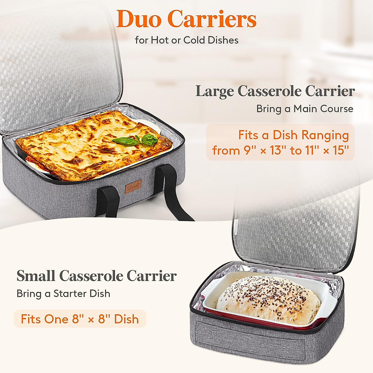 Lifewit Duo Insulated Casserole Carrier for Hot or Cold Food, Lasagna Holder 2 Compartments, Thermal Lunch Tote for Potluck Parties Cookouts, Fits 9"x13" Casserole Dish, Gray