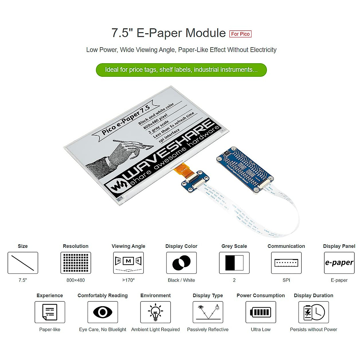 7.5inch E-Paper Display Module for Raspberry Pi Pico, 800×480 Pixels Black/White Two-Color E-Ink SPI Interface, Wide Viewing Angle, Paper-Like Effect Without Electricity