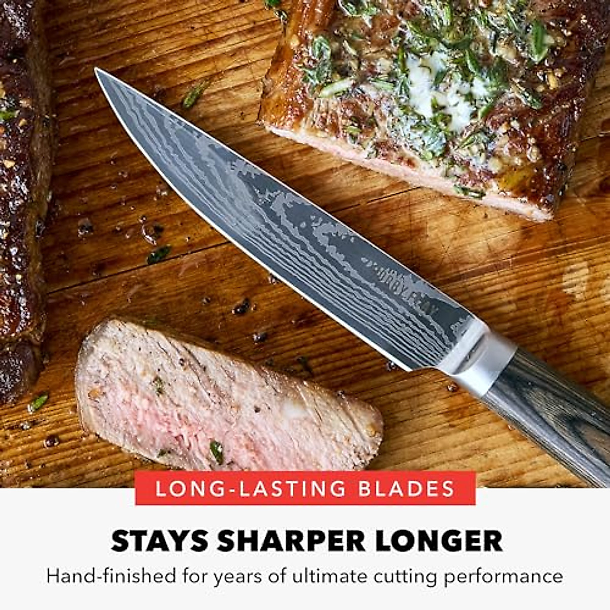 GreenPan x Bobby Flay 6 Piece Steak Knife Set with Wood Storage Box, Premium Stainless Steel Blades, Precision Cutting Tools, Ultra-Versatile Cutlery, Hand Finished Wood Handle, Damascus Steel Design