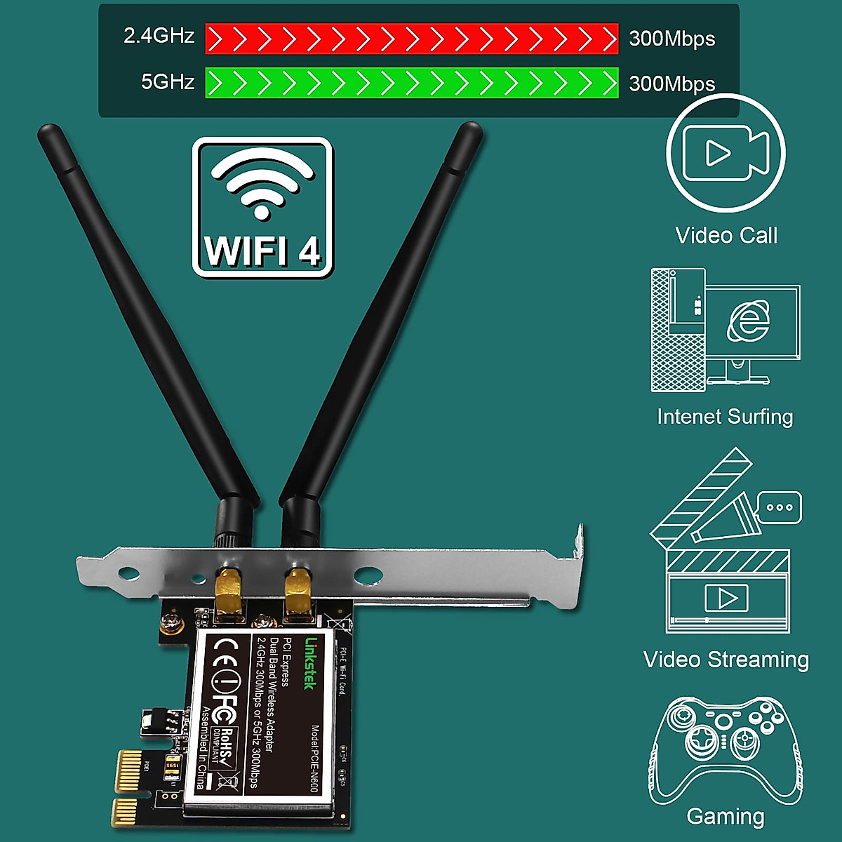 LinksTek Wireless N 600Mbps (2.4GHz 300Mbps and 5GHz 300Mbps) PCIE WiFi Adapter, PCIE WiFi Card, QUALCOMM Atheros AR946X Wireless Network Adapter for Windows 10 8.1 8 7 XP Desktop PCs (PCIE-N600)