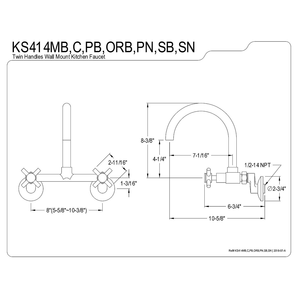 Kingston Brass Concord 8-Inch Adjustable Center Wall Mount Kitchen Faucet, Brushed Brass
