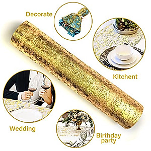 Qililandiy Gold Tulle Fabric Roll 11 Inch Sparkling Organza Fabric Spool Tulle Spool 10 Yards for Christmas Party Wedding Tutu Gift Wrap Table Decoration