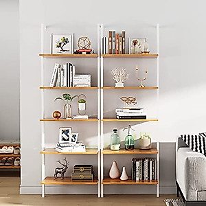 SogesHome Industrial Wall-Mounted Ladder Shelf, 5-Tier Modern Bookshelf with Industrial Metal Frame, Bookcase Organize Plant Flower Display Stand for Kitchen, Living-Room, Bedroom, Office
