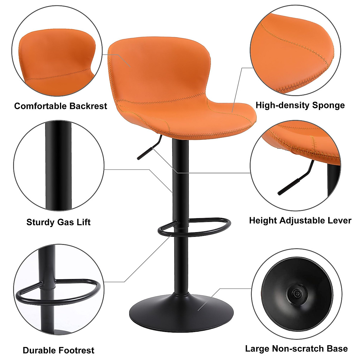 Youhauchair Bar Stools Set of 2, PU Leather Counter Height Barstools with Back, Height Adjustable Swivel Bar Chairs, Modern Armless Kitchen Island Stool, Orange