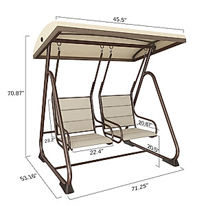 EAST OAK 2-Person Outdoor Patio Swing Chair with Adjustable Canopy, Porch Swing with Comfortable and Breathable Seats, Independent Swing Chairs for Garden, Balcony, Backyard, Chestnut Brown