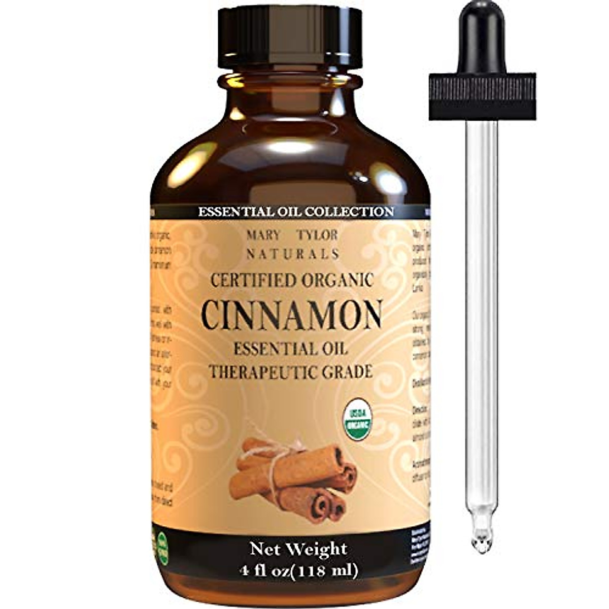 Organic Cinnamon Essential Oil (4 oz), USDA Certified Organic, Therapeutic Grade, 100% Pure and Natural, Perfect for Aromatherapy, Diffuser, DIY by Mary Tylor Naturals