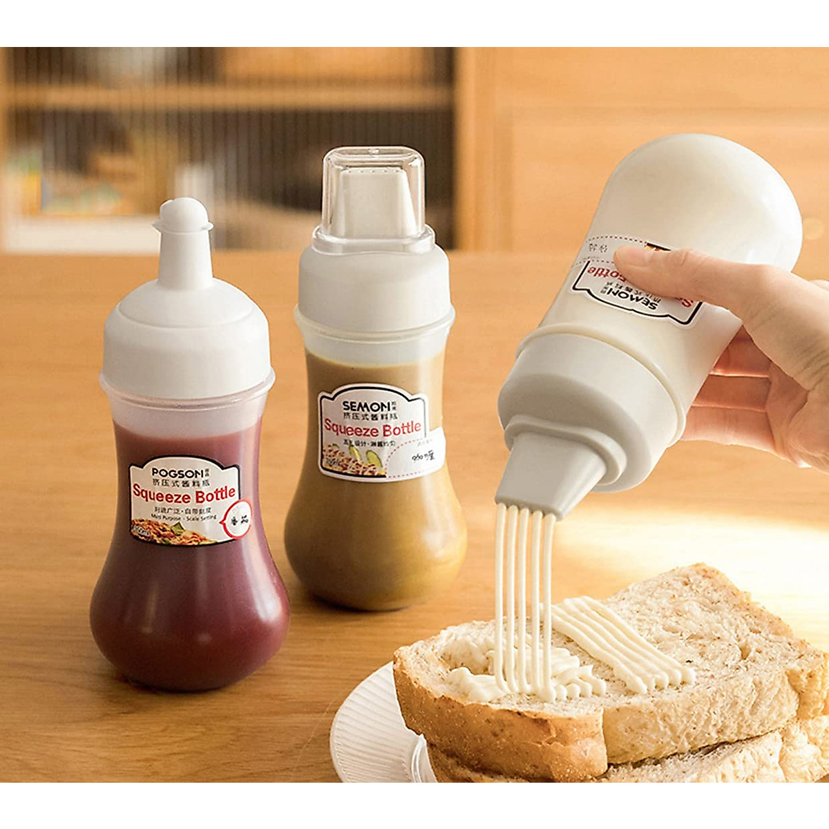 RROAD Measurable Condiment Squeeze Bottle 4PACS Sauce Squeeze Bottle Household plastic squeeze bottle kitchen tomato salad 5-hole squeeze bottle