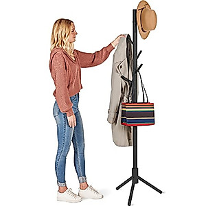 ZOBER Coat Rack Freestanding - Wooden 6 Hanger Clothing Rack with Modern Hooks for Bag, Hat, Jacket, Purse, Umbrella - Standing Hat Rack Coat Hanger for Entryway - Black